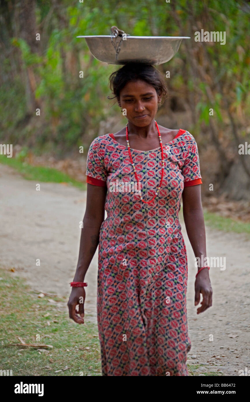 Woman carrying dish on head in remote village Chitwan National Park ...