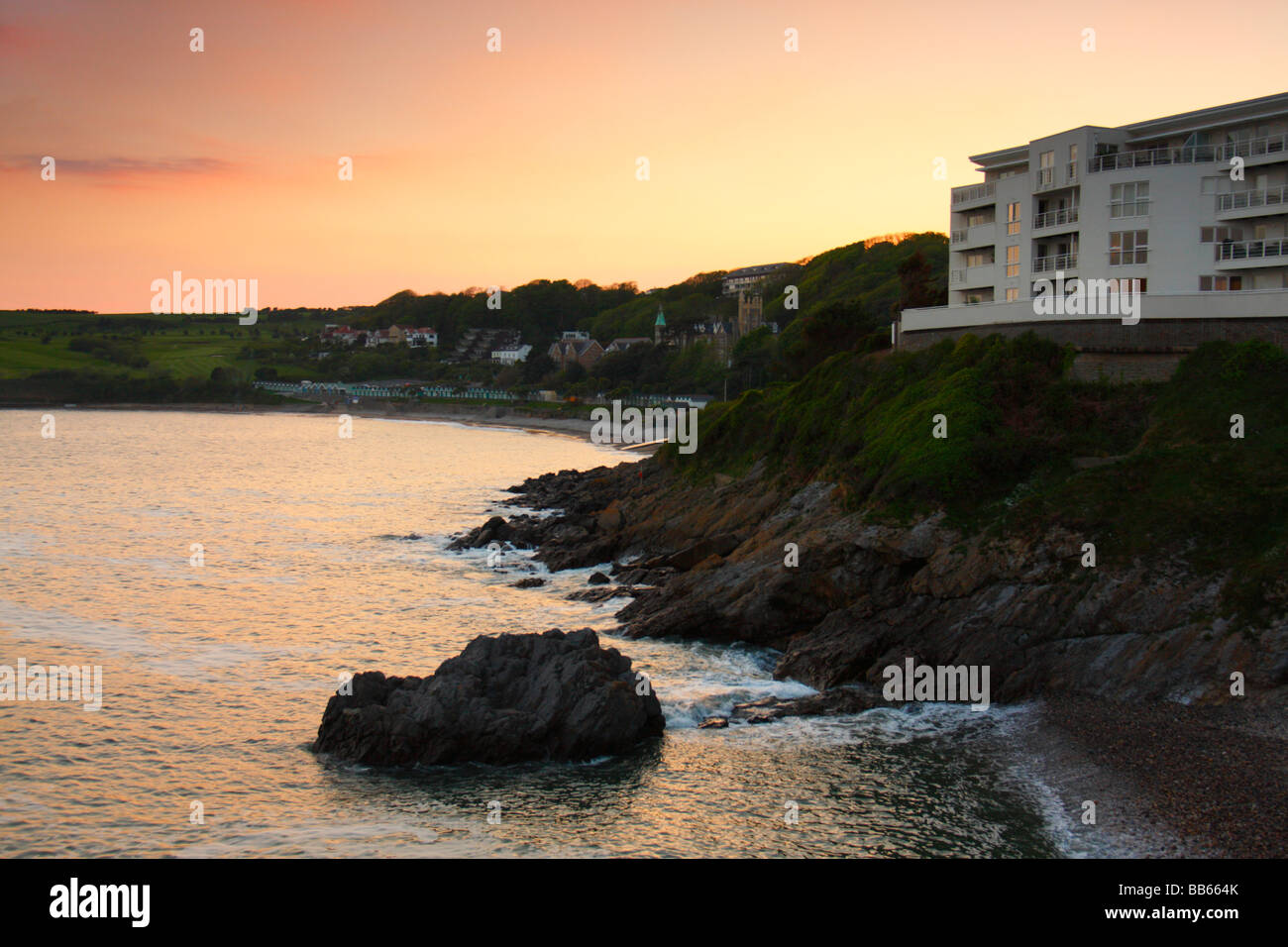 Sunset at Langland Bay, Gower Peninsula, West Glamorgan, South Wales, U ...