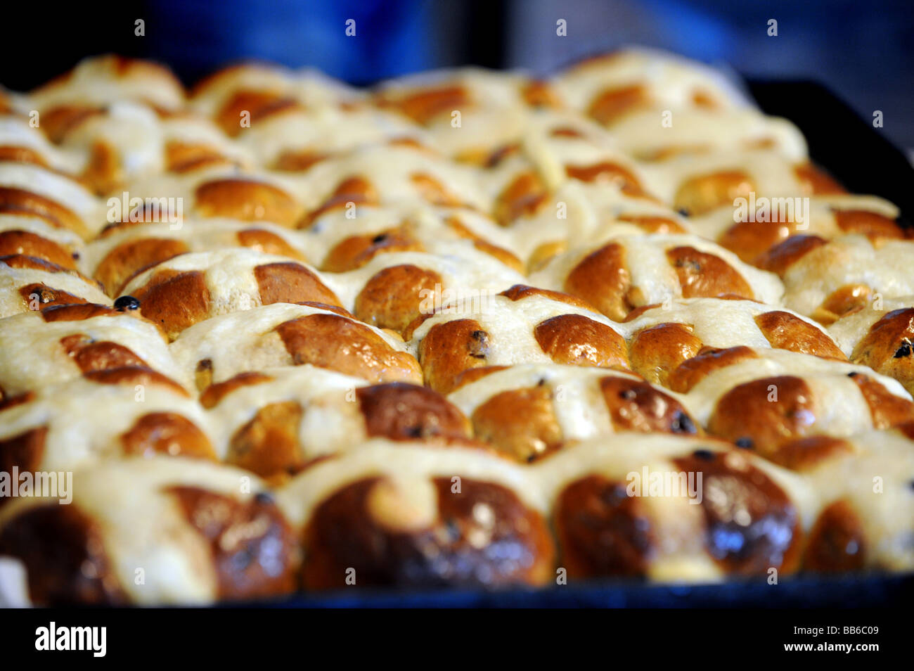 Hot cross buns straight out of the bakers oven Stock Photo - Alamy