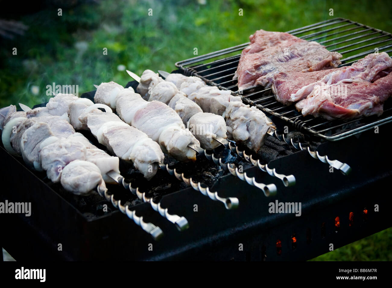 Pork sticks "Shashlik" and steak on the grill outdoors. "Russian food ...