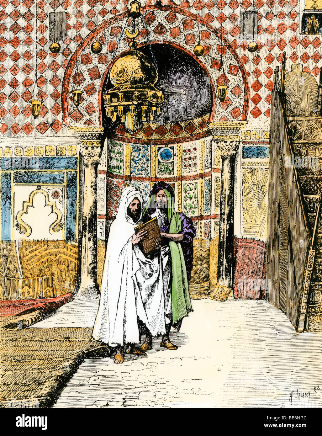 Sanctuary of a Muslim mosque in North Africa 1800s. Hand-colored ...
