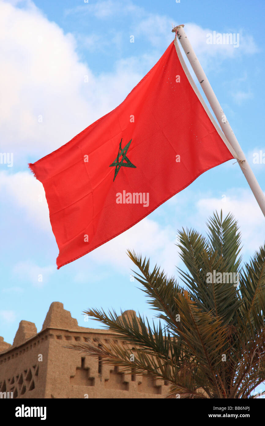 Flag of Morocco flying over mud/straw turret/tower and palm tree ...