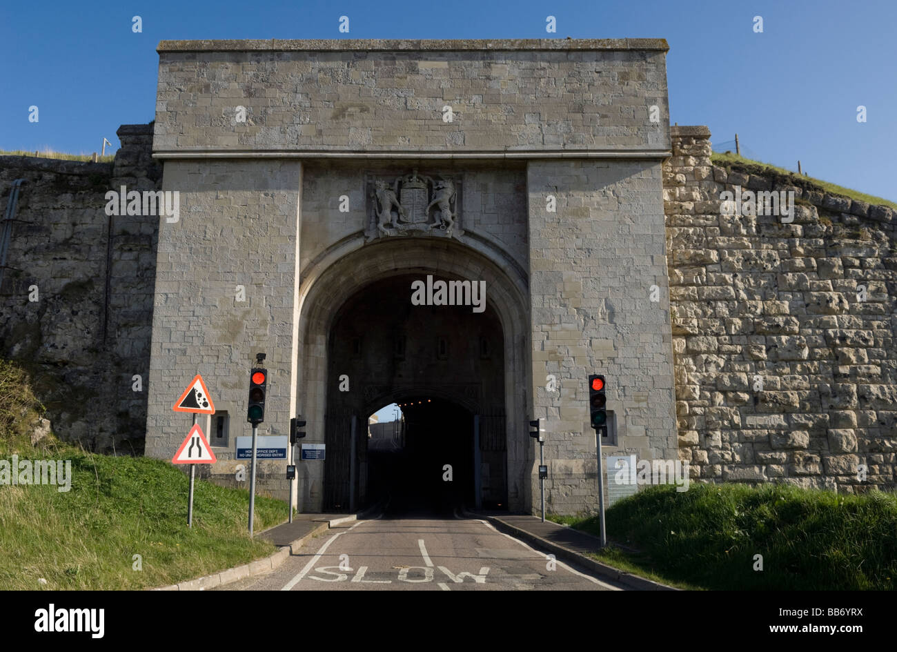 The entrance to HMP The Verne on the Isle of Portland in Dorset, England. Verne Prison is a ...