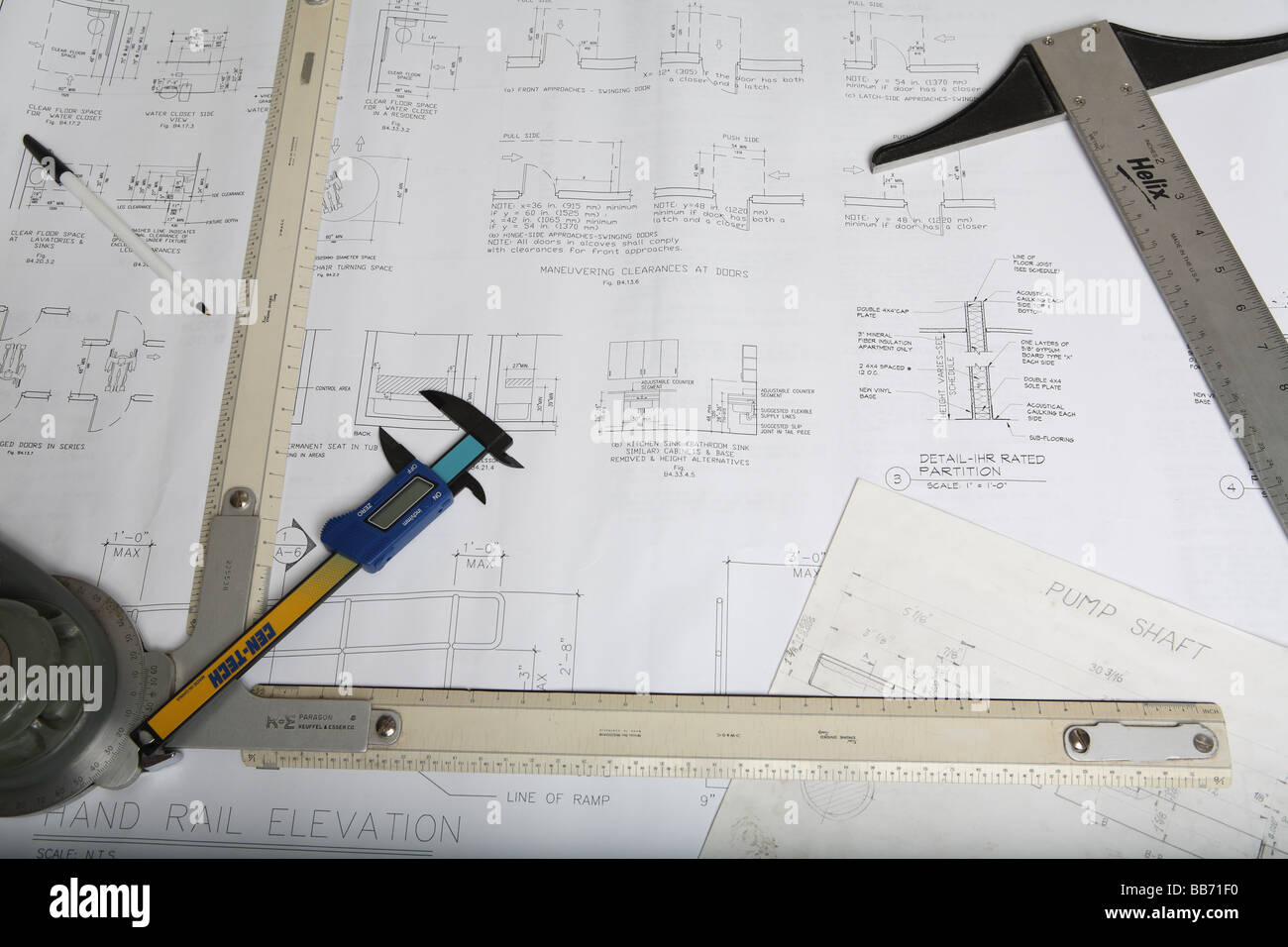 Drafting Table with Tools and Blue Print Stock Photo - Alamy