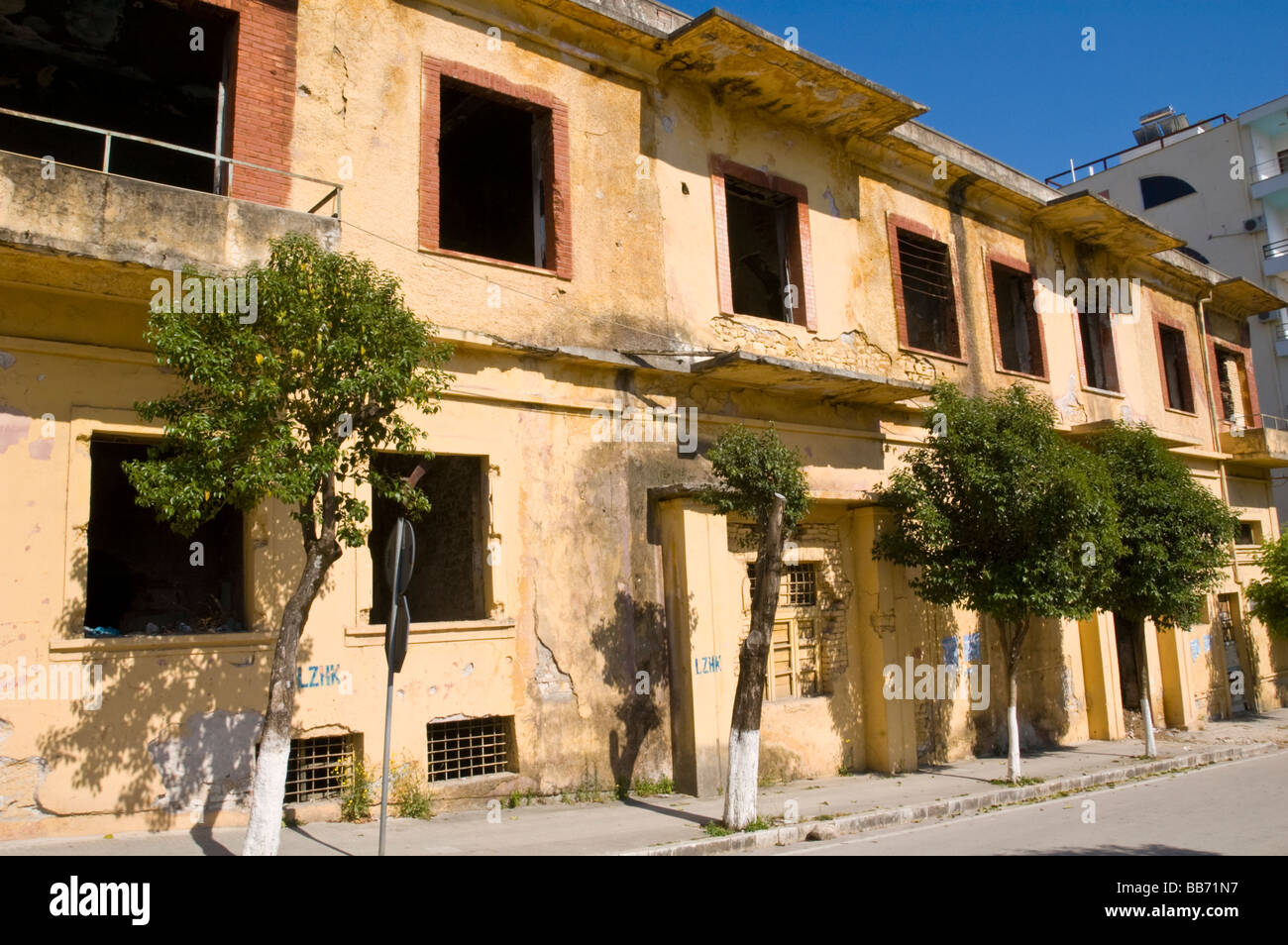 Empty derelict old building in city of Saranda Republic of Albania a ...