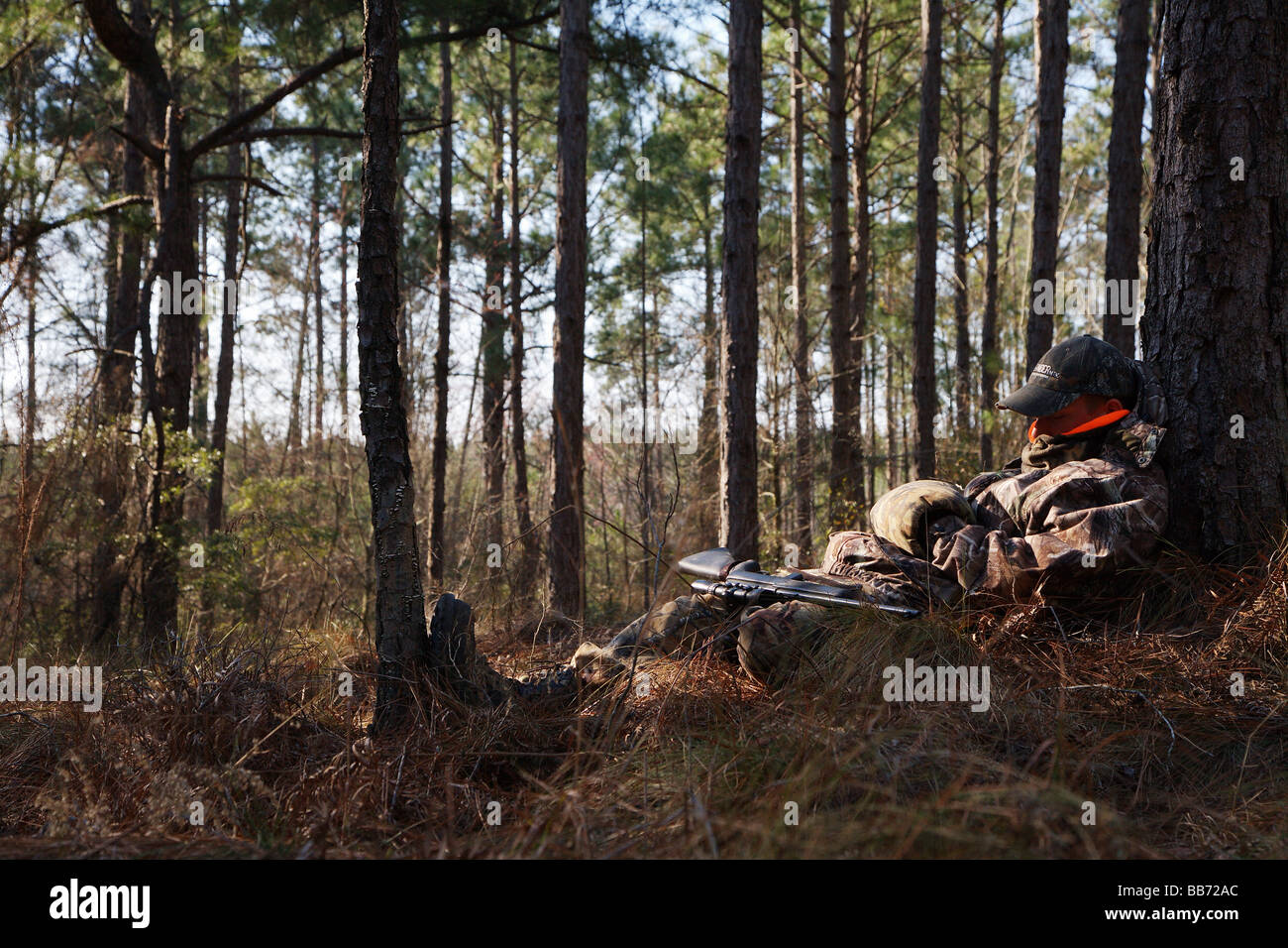 HUNTER TAKING A NAP AGAINST A PINE TREE TRACKING WILD BOAR REMINGTON ...