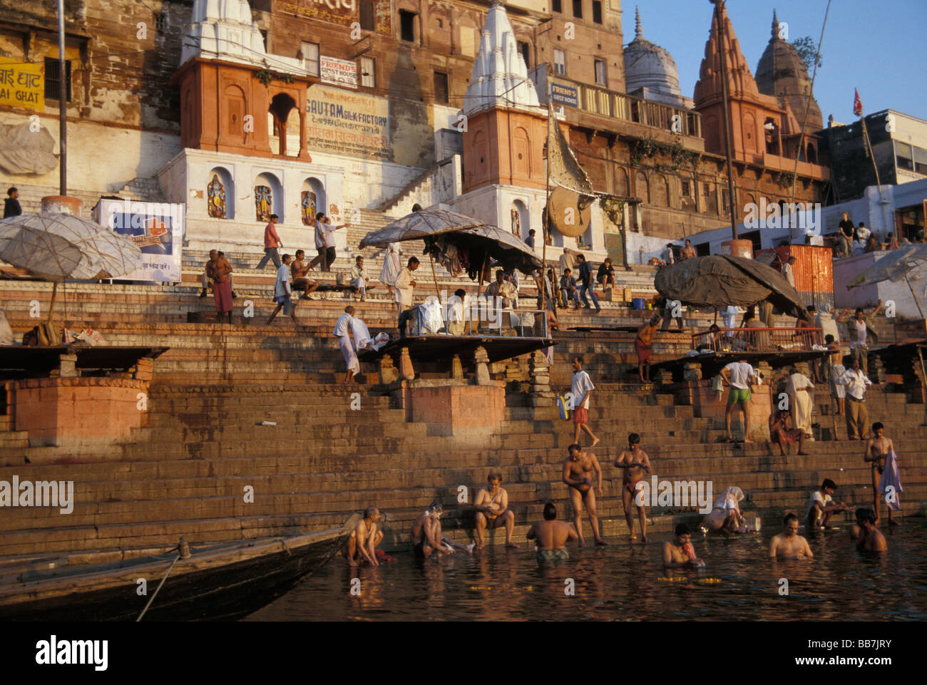 Along the waterfront of the Ganges River in the holy city of Varanasi ...