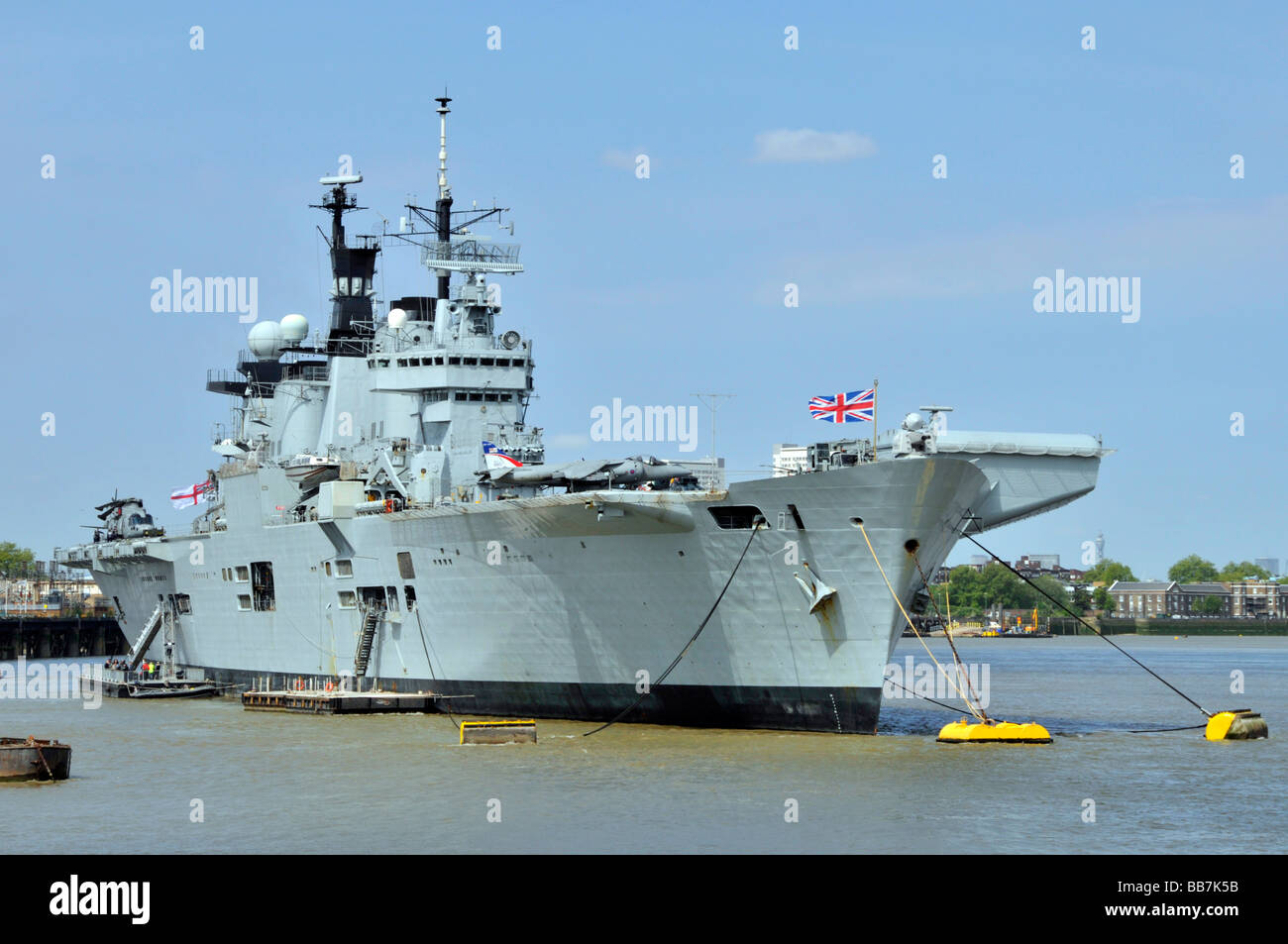 Royal Navy warship HMS Illustrious light aircraft carrier moored in the ...