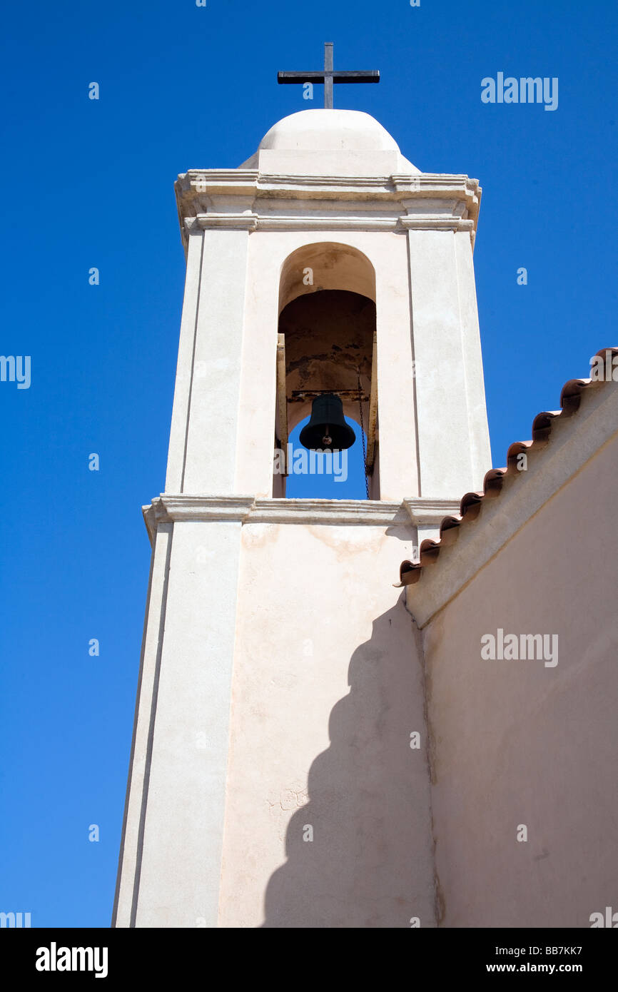 The pink bell tower of the Chapelle de Notre Dame de la Serra, Calvi ...