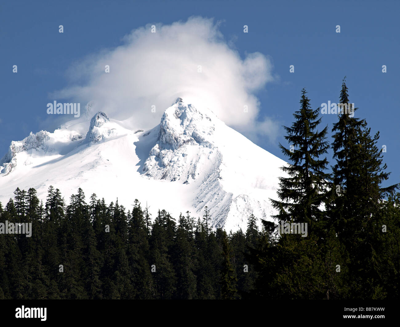 OREGON A view of the snow capped and icy summit of Mount Hood the ...