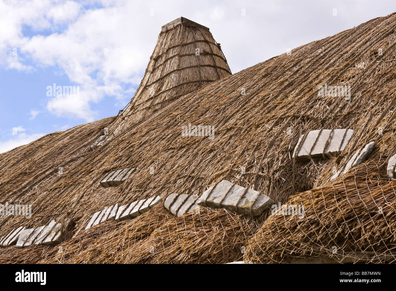 Traditional thatched roof with rock weights Mainland Shetland Scotland ...