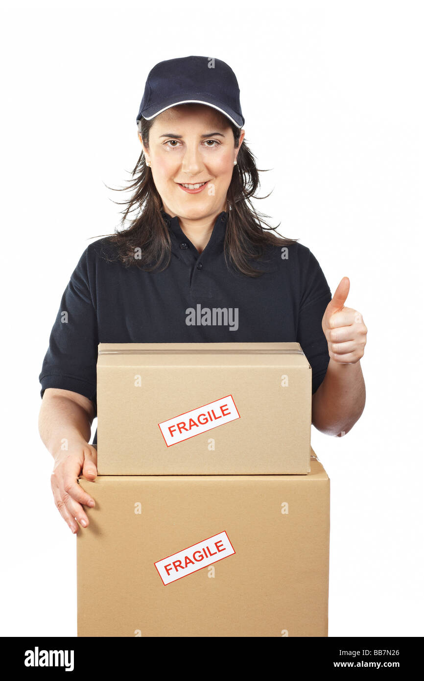 Courier woman delivering a parcels fragile isolated on white background ...