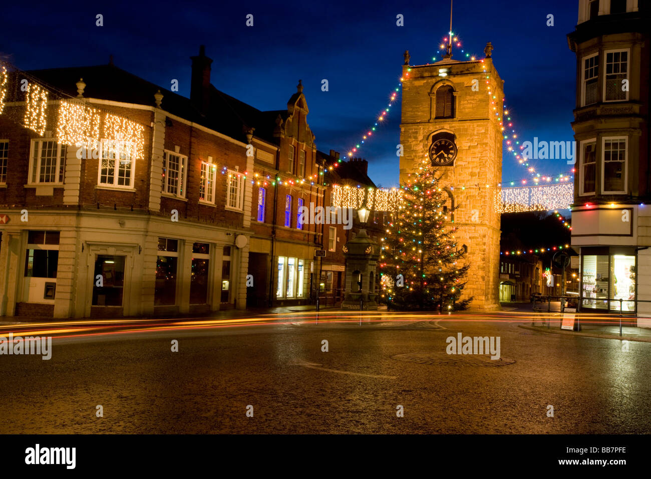 Town square with christmas decorations by night; Morpeth ...