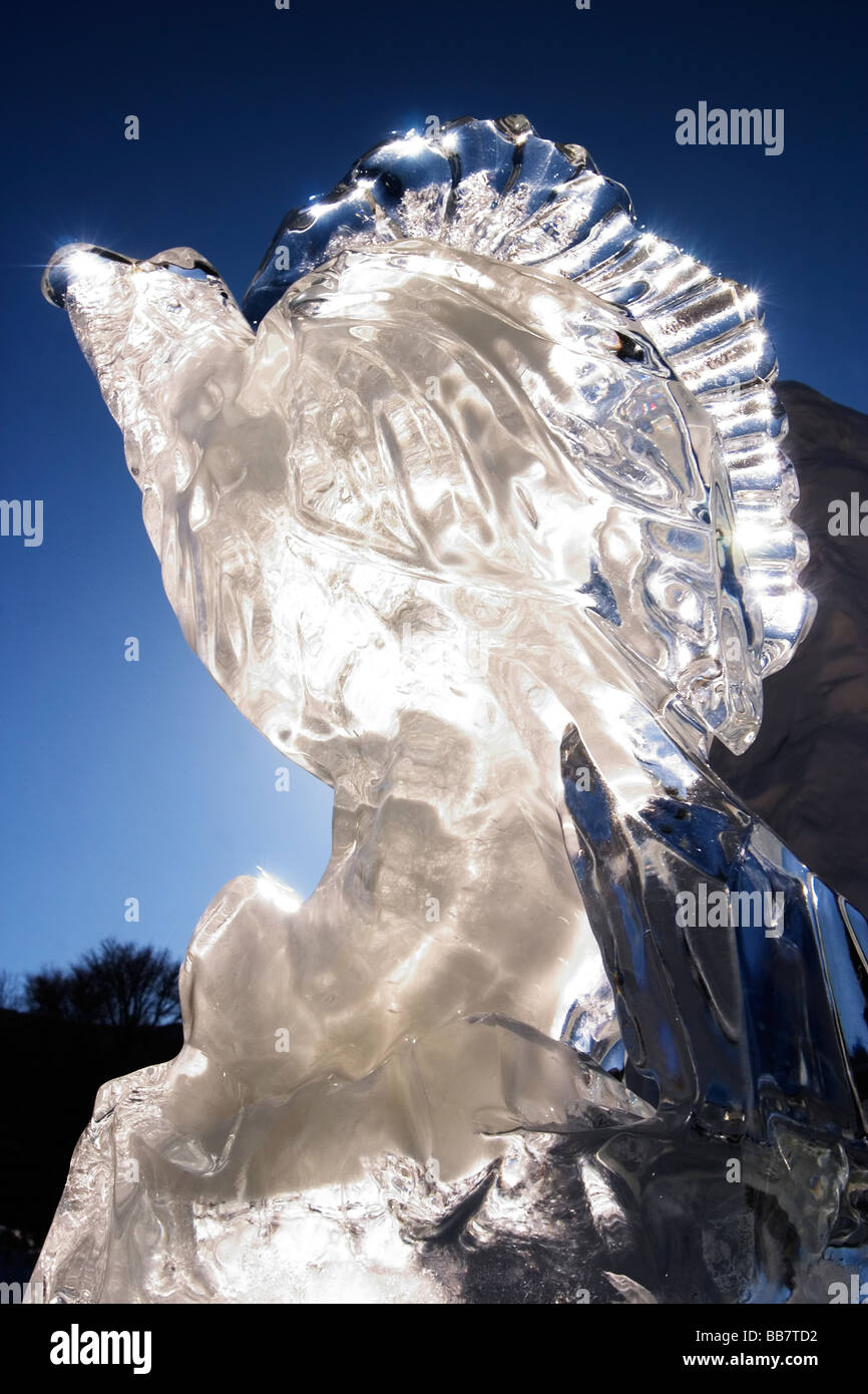 A falcon carved of ice at the Taebaek Ice Festival at Taebaeksan ...