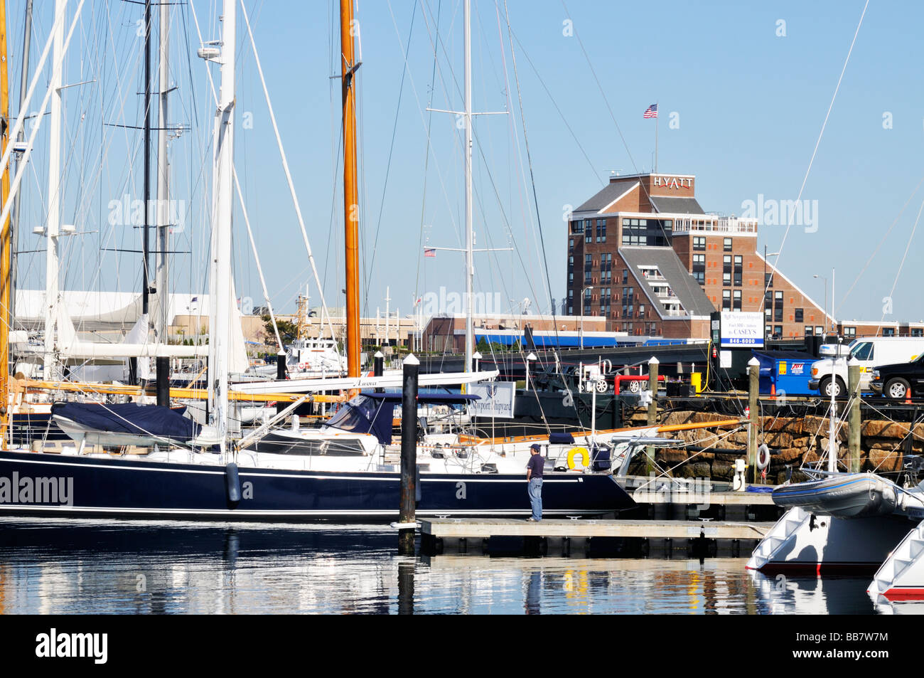 Boats docked in Newport Rhode Island harbor at marina and the Hyatt ...