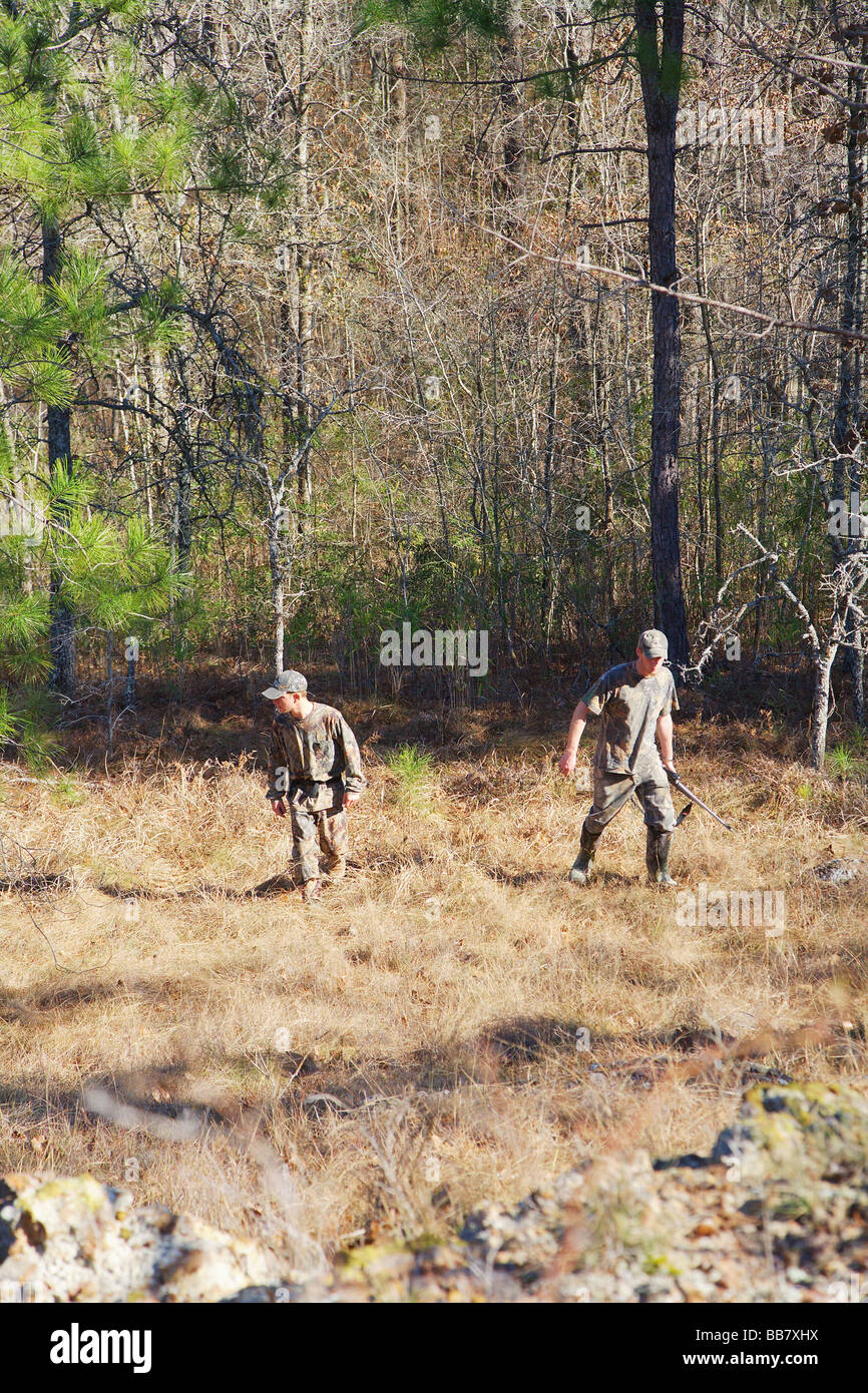TWO HUNTERS WALKING FOREST EDGE LOOKING AND LISTENING FOR WILD BOAR ...