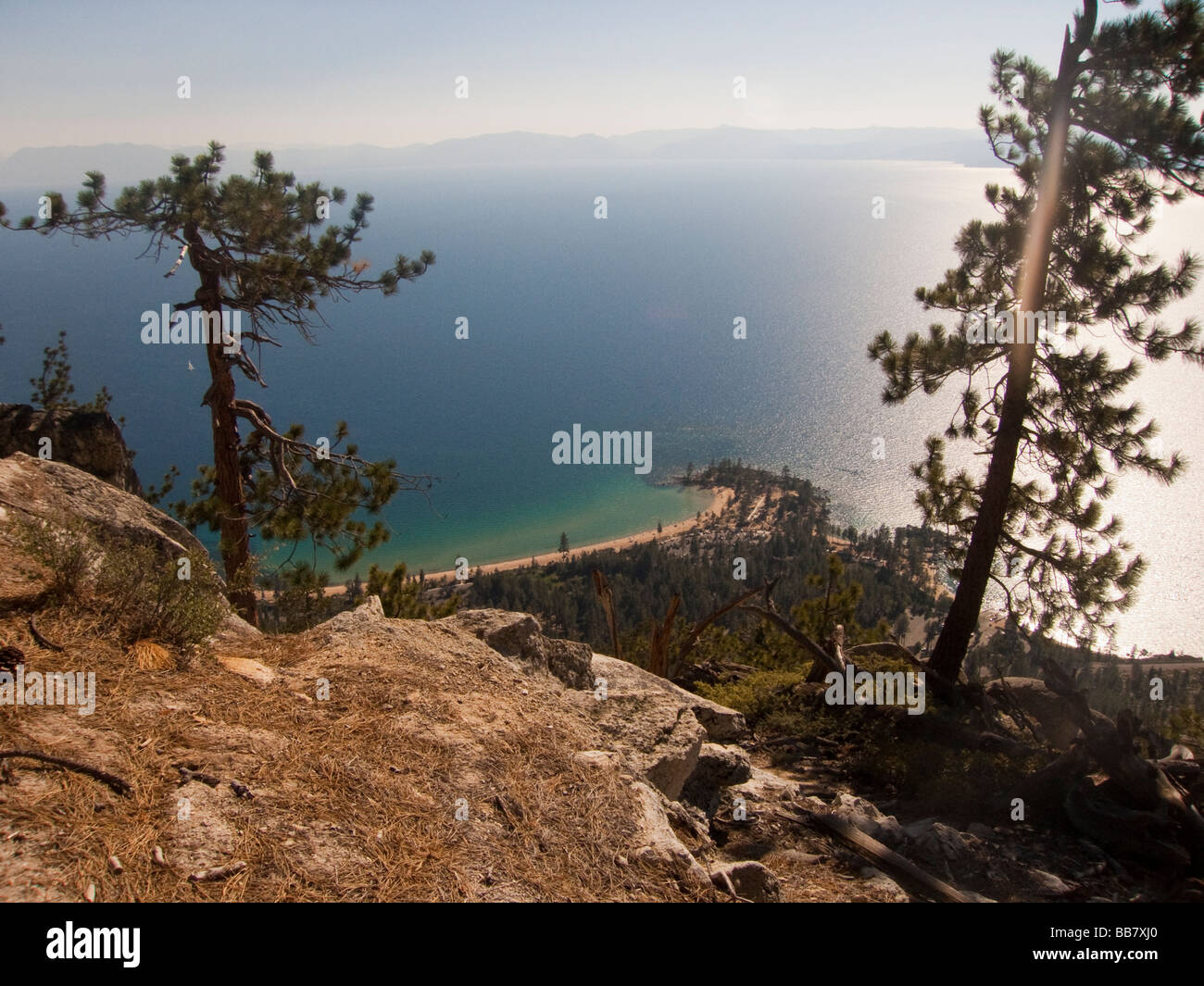 A view of Sand harbor in Lake Tahoe from the Great Flume Trail near ...