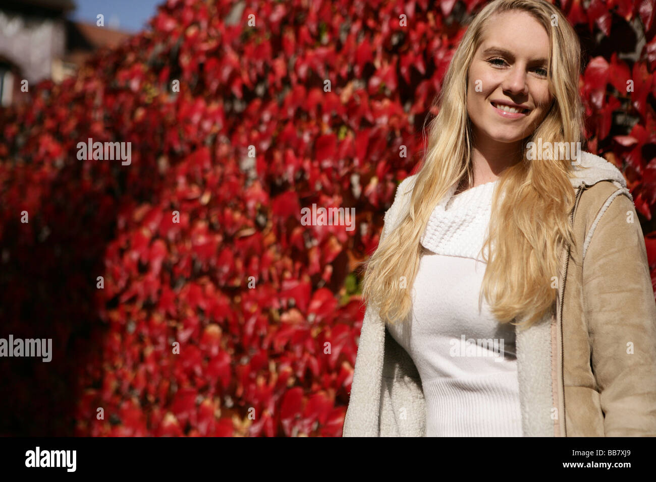 young women in front of a red bush Stock Photo - Alamy