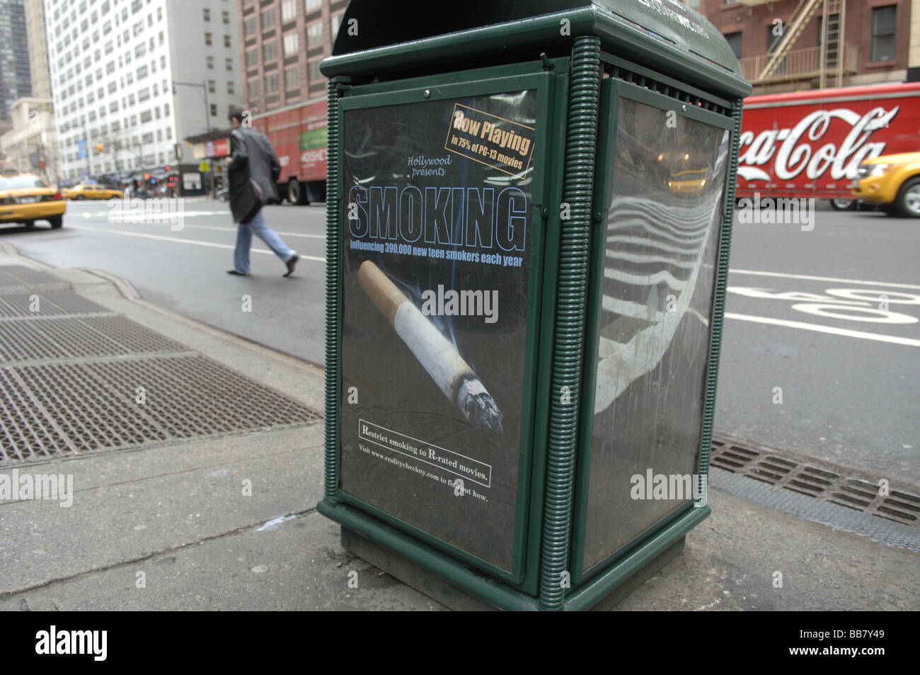 An ad on a trash can on the streets of midtown in New York on April 20 ...