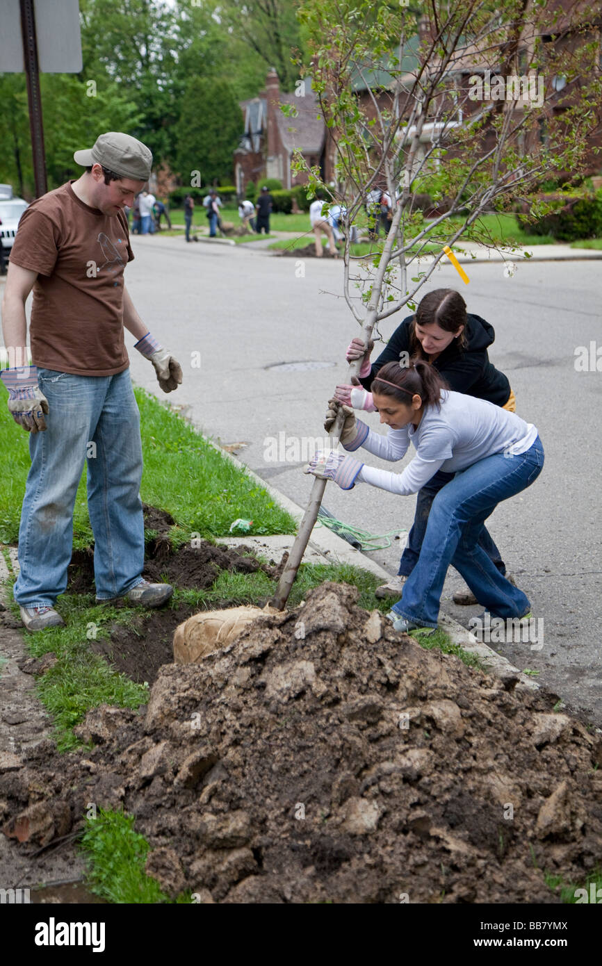 Volunteers plant trees in Detroit neighborhood Stock Photo - Alamy
