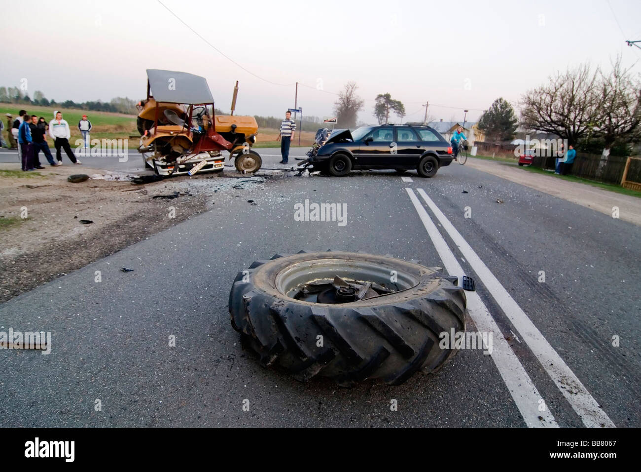 Tractor standimg on honda accord bonnet, Two cars and tractor accident ...