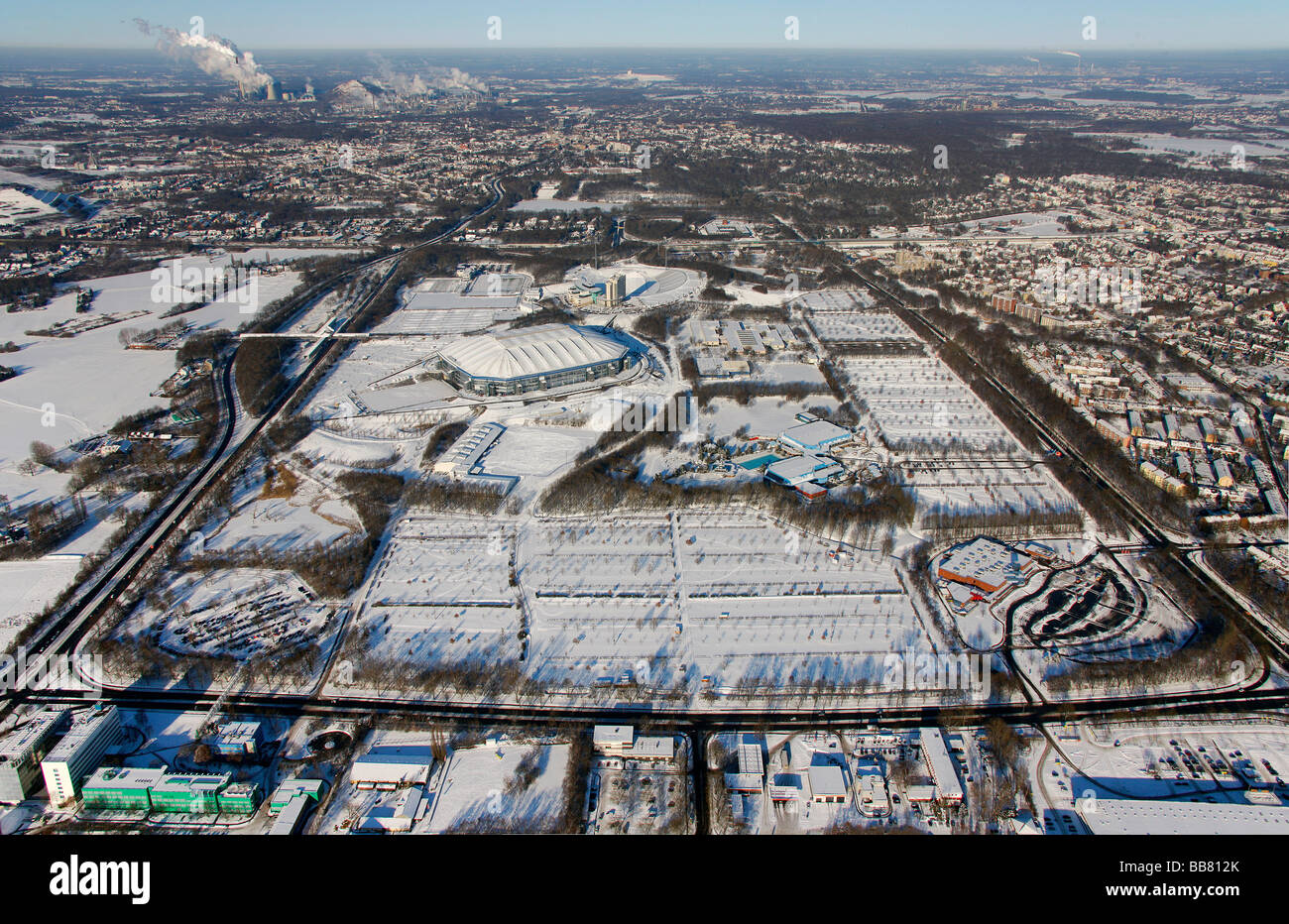 Aerial photo, Schalke Arena, S04 Veltins-Arena Sports stadium in snow, Schalker Feld ...