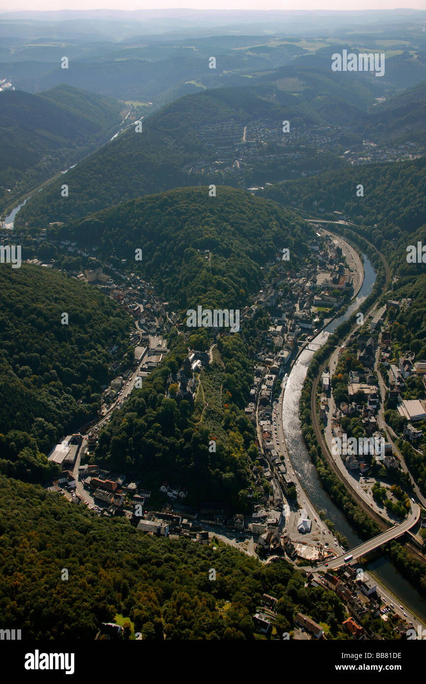 Aerial photo, Altena Castle, Lenne River, Altena, Maerkischer Kreis ...
