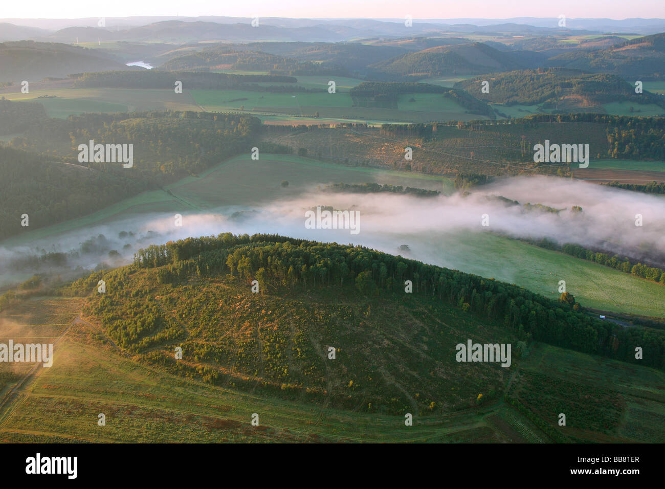 Aerial photo, morning fog, hilly landscape, Meschede Buchholz, Meschede ...