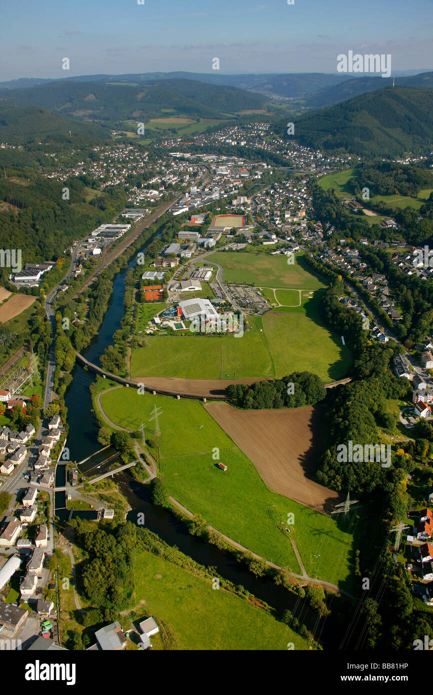 Aerial photo, Erlebnisbad Aquamagis water park, Lenne river ...