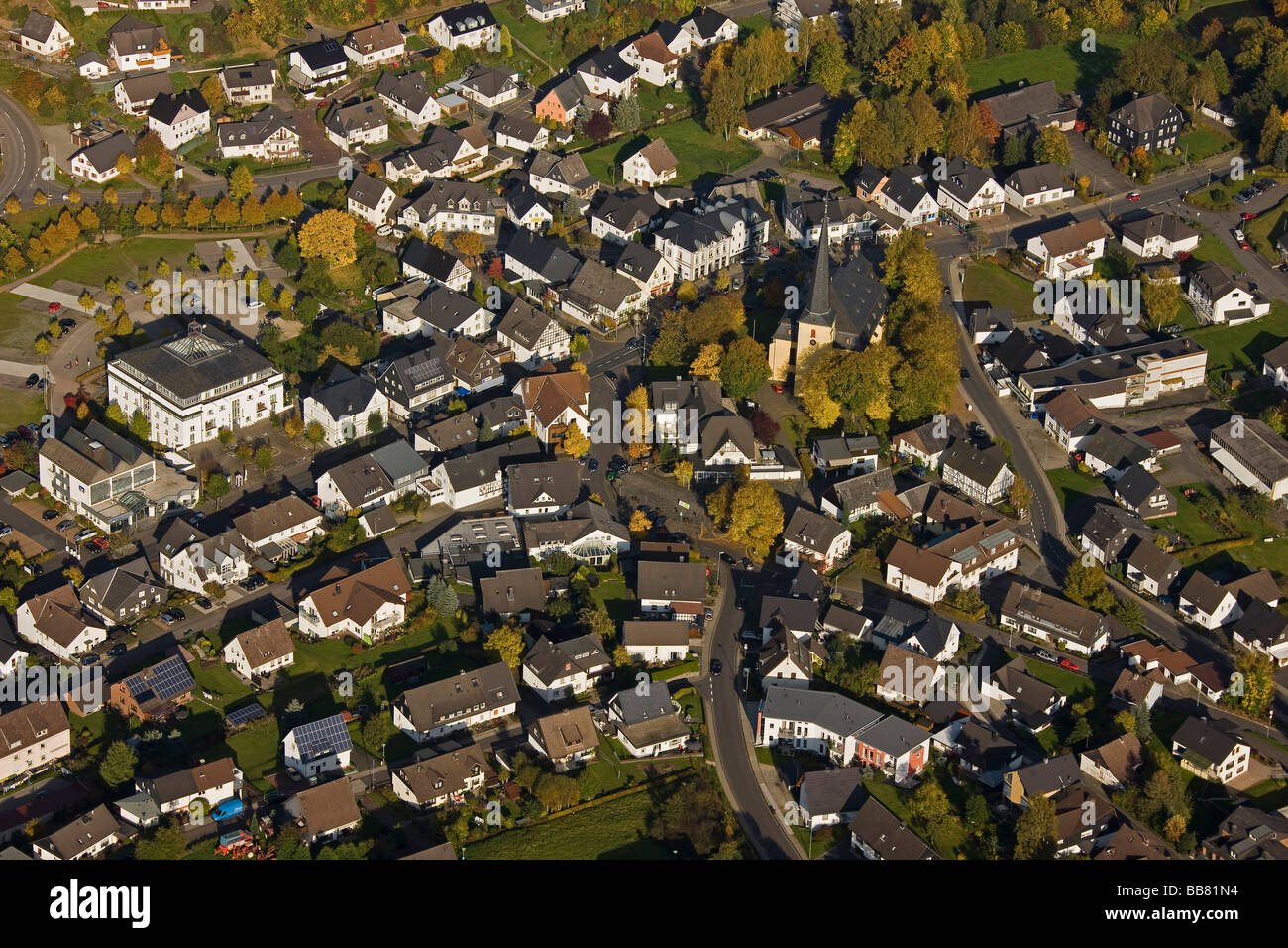 Aerial photo, main street, St. Severinus Kirche church, Wenden ...
