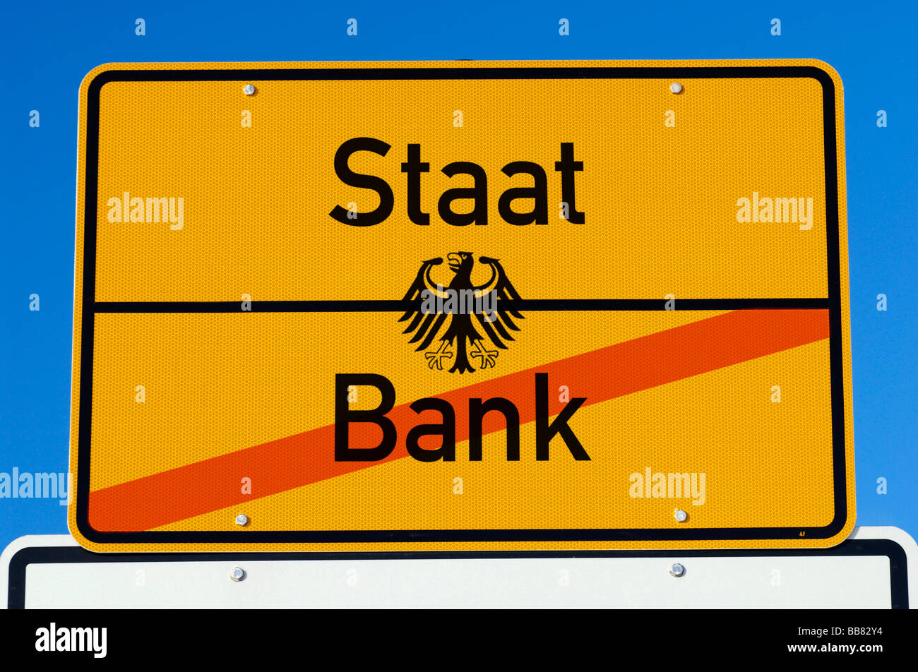 Place name sign with the name Staat, German for State, and Bank crossed ...