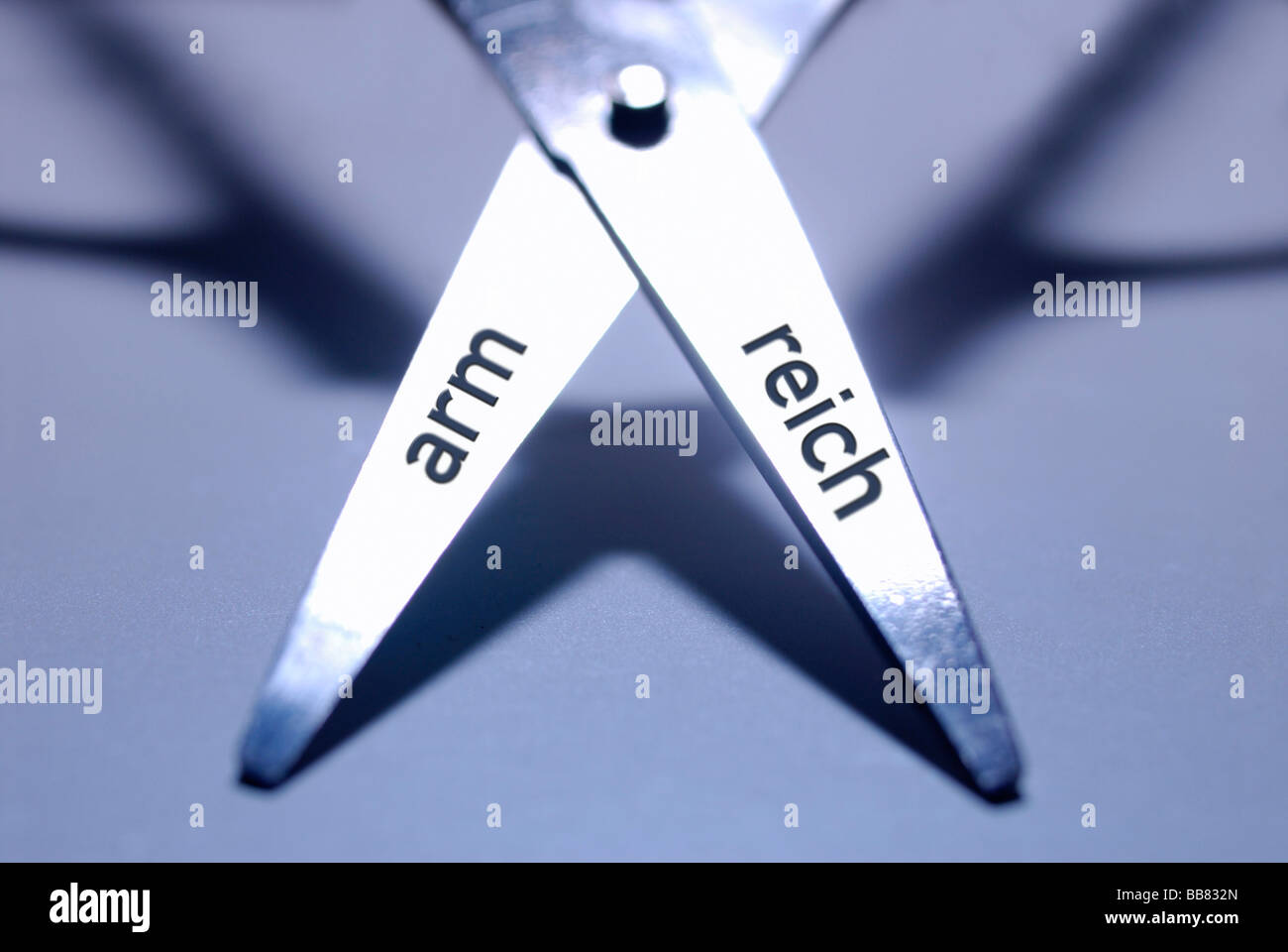 Scissors, arm and reich, poor and rich written on it, symbolic picture ...