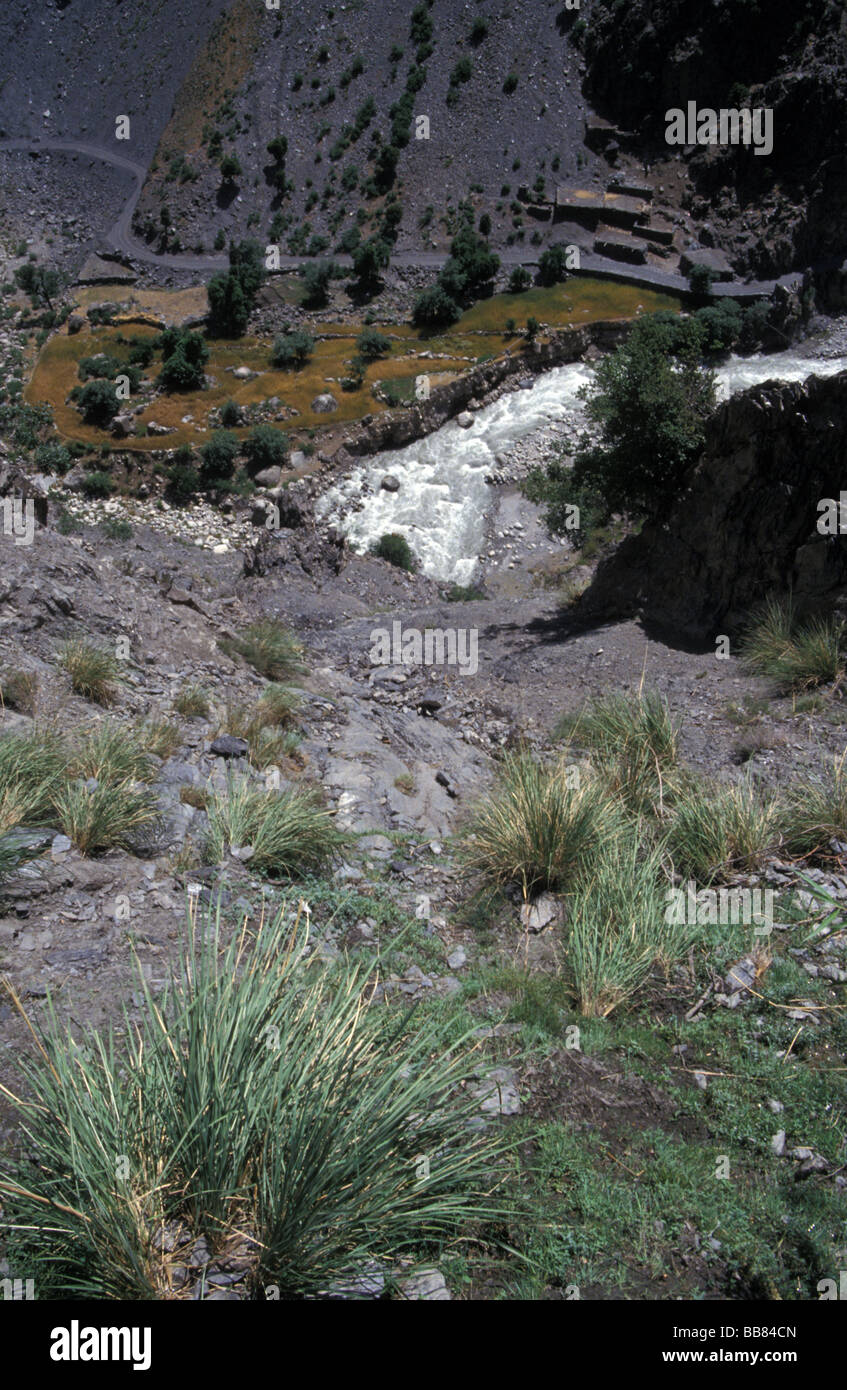 Kalash valley view down on narrow fields farm from water channel Hindu ...