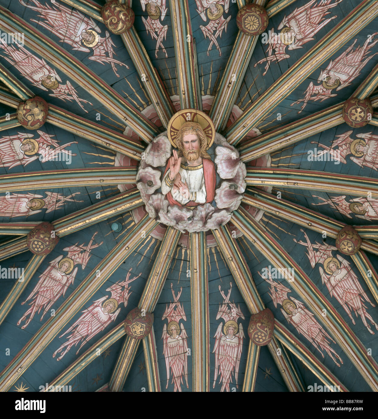 Ely Cathedral view into the octagon and lantern with Christ in majesty ...