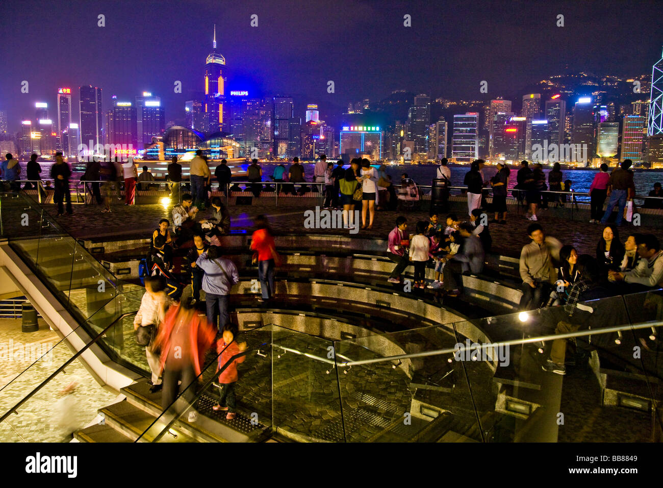 Boardwalk KowLoon with skyline of Hong Kong Island at night, Hong Kong, China Stock Photo - Alamy