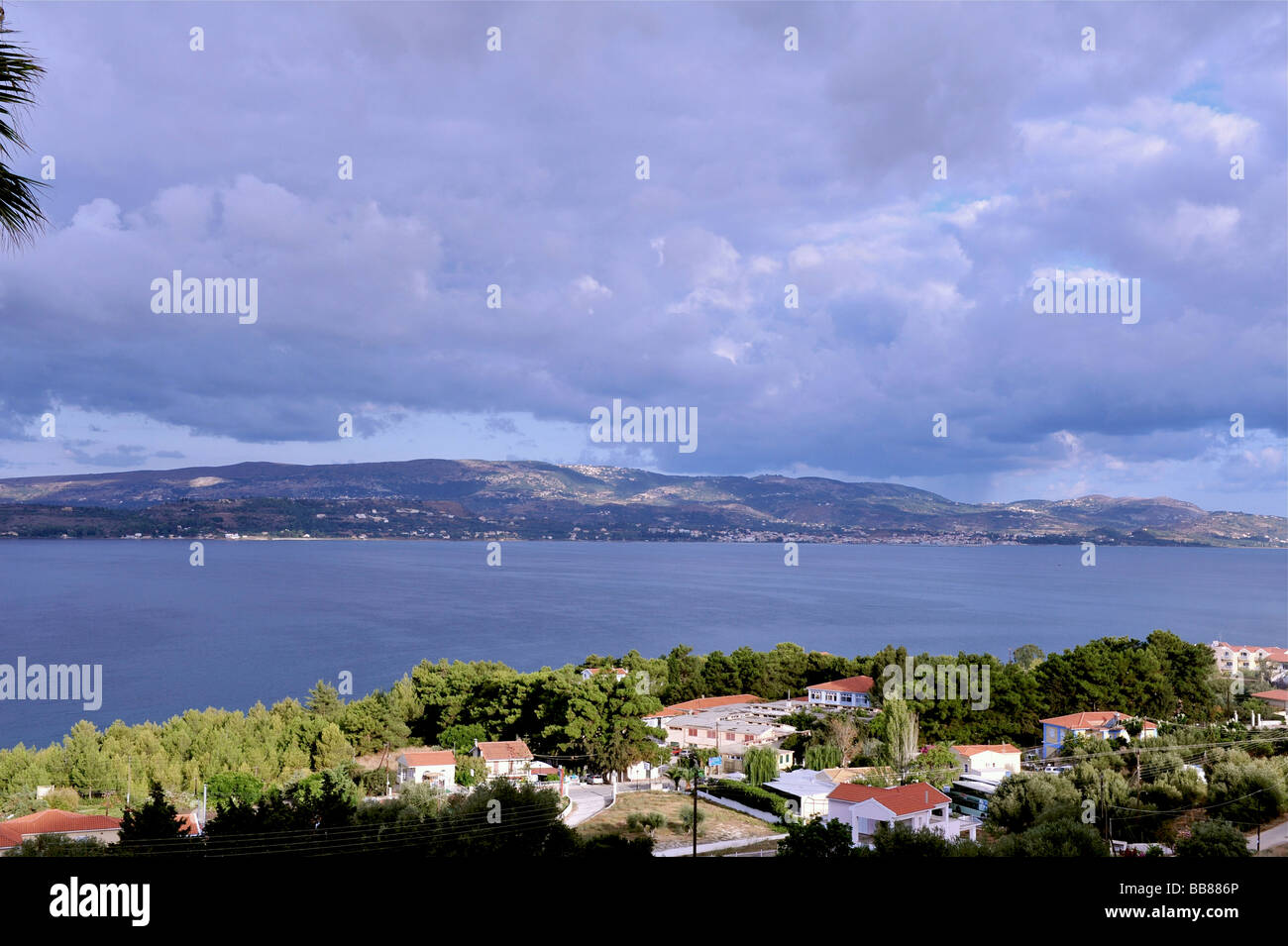 The town and view of the beach at Lassi on the Ionian Island of Lefkas ...