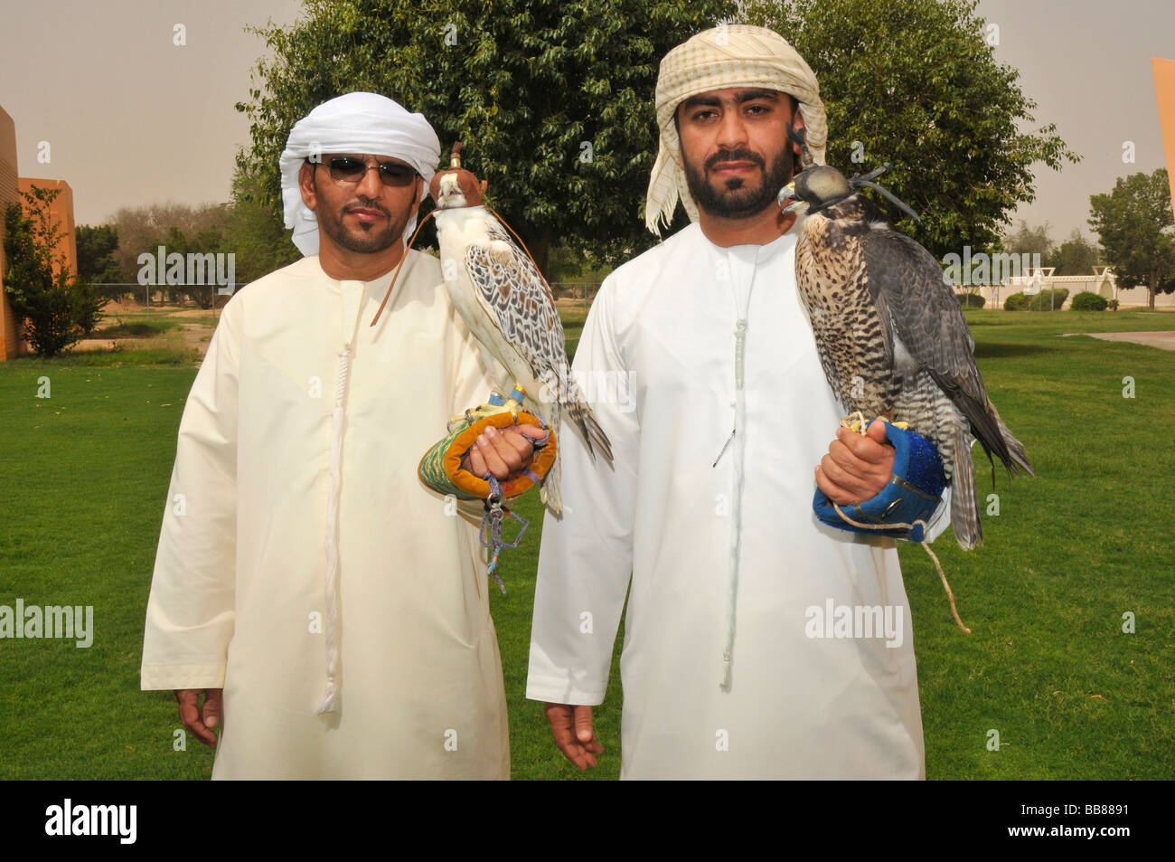 Falconers holding falcons, the national animal of Abu Dhabi, at the Al ...