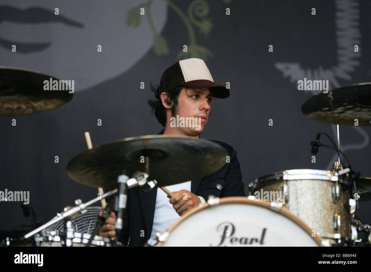 Marcel Roemer, drummer of the German rock and pop band Juli performing ...