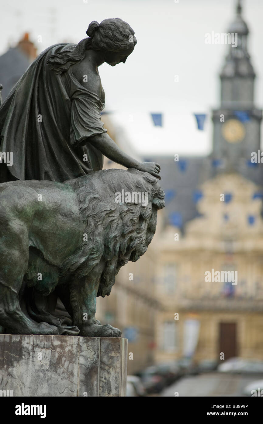 Statue in the Place Royale Reims with town hall in distance France ...