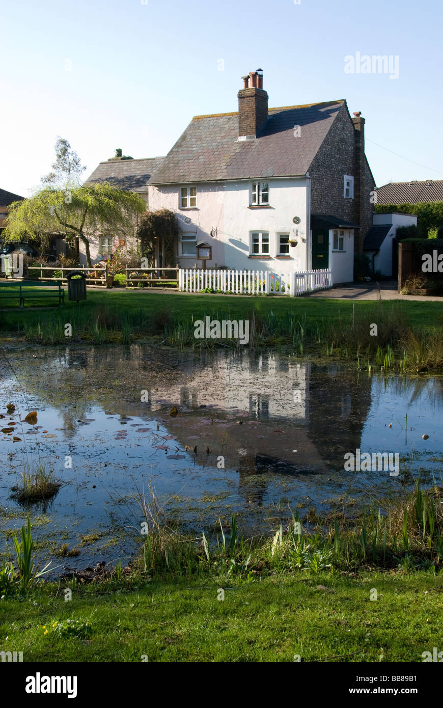 Village green and pond, village shops Tatsfield, Surrey, England, UK ...