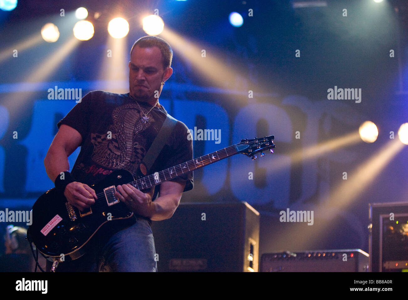 Mark Tremonti, guitarist of the US rock band Alter Bridge, performing ...