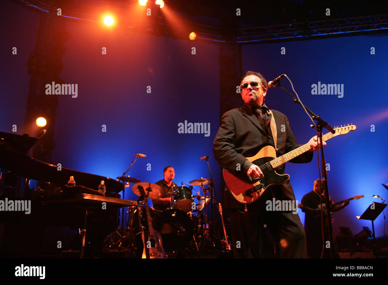 British musician Elvis Costello, live at the Blue Balls Festival in the ...