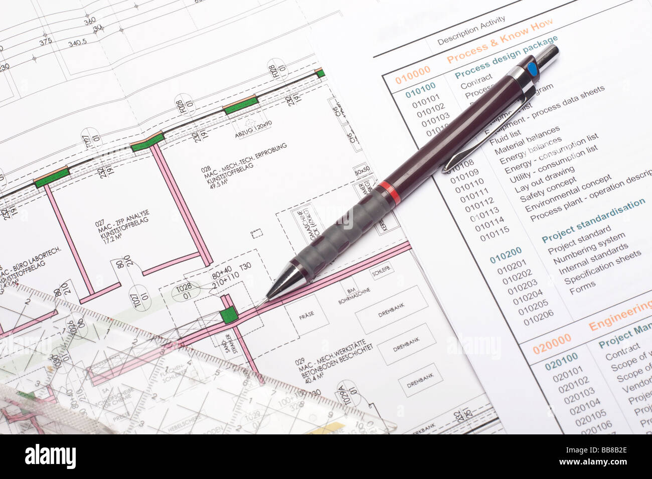 Project planning, construction plan with a mechanical pencil, triangle ...