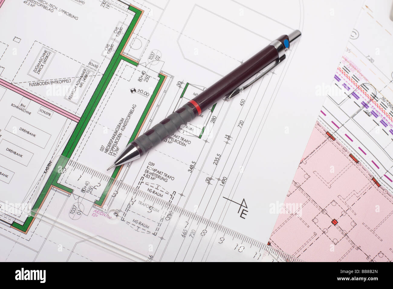 Project planning, construction plan with a mechanical pencil and a ...