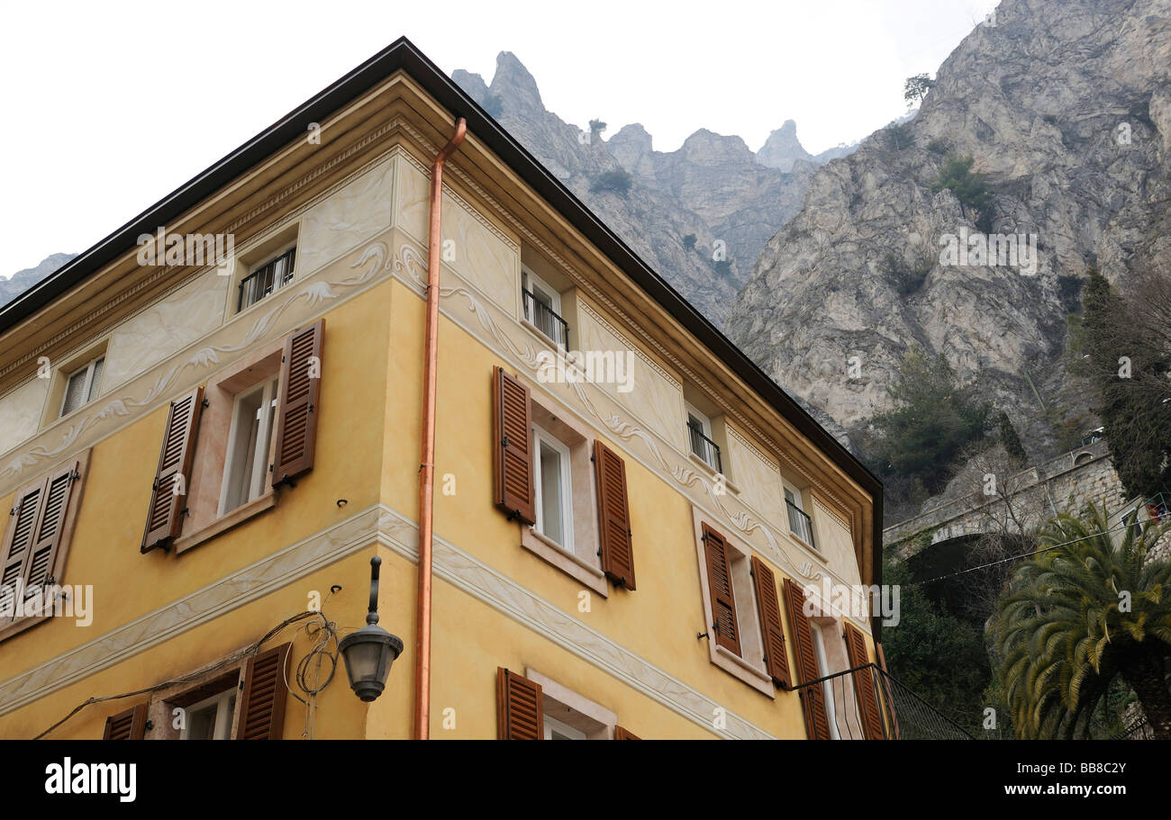 Building facade in the historic city centre of Limone, Lake Garda ...