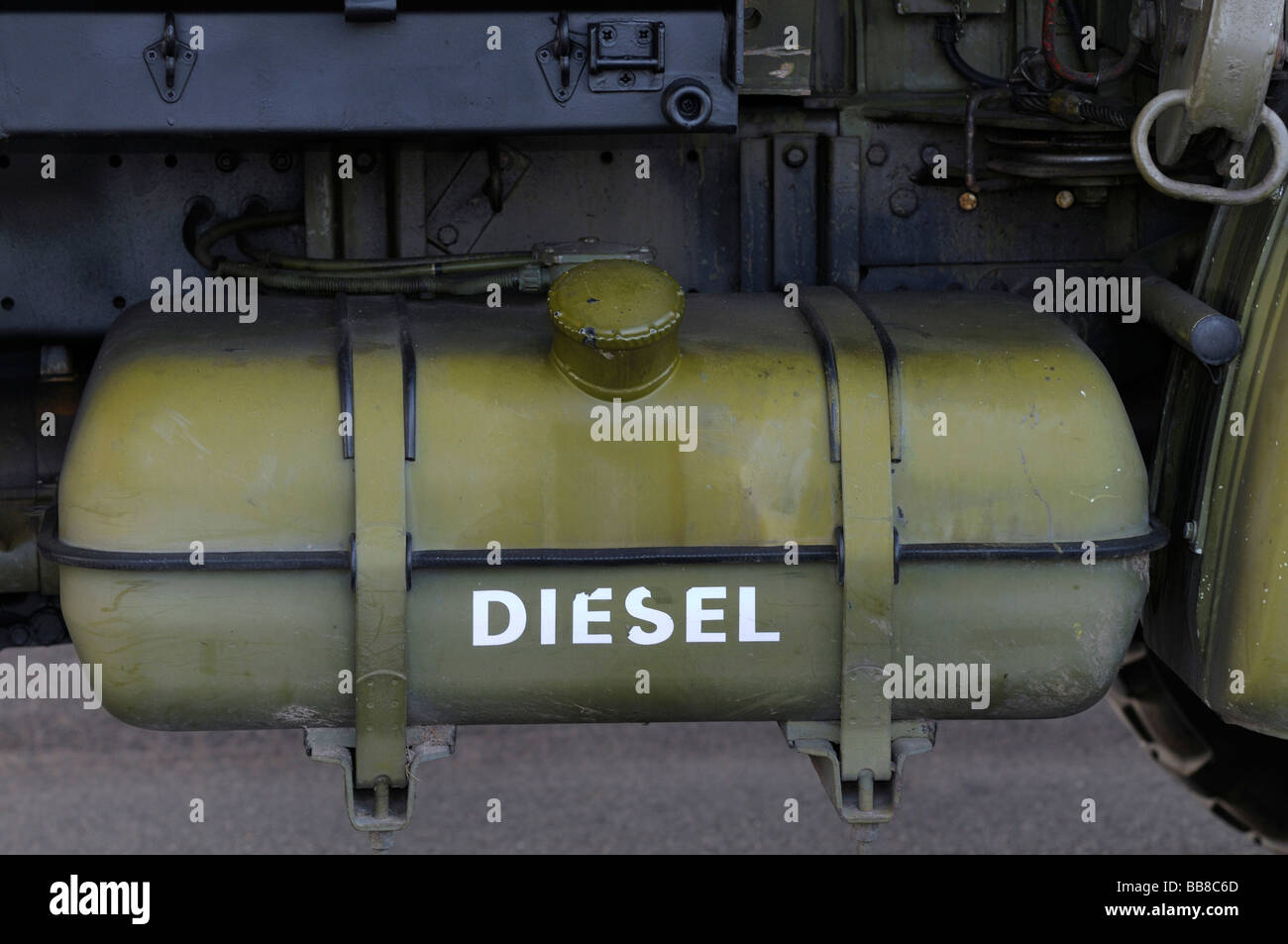 Large fuel tank of a truck in camouflage colours, labelled with Diesel ...