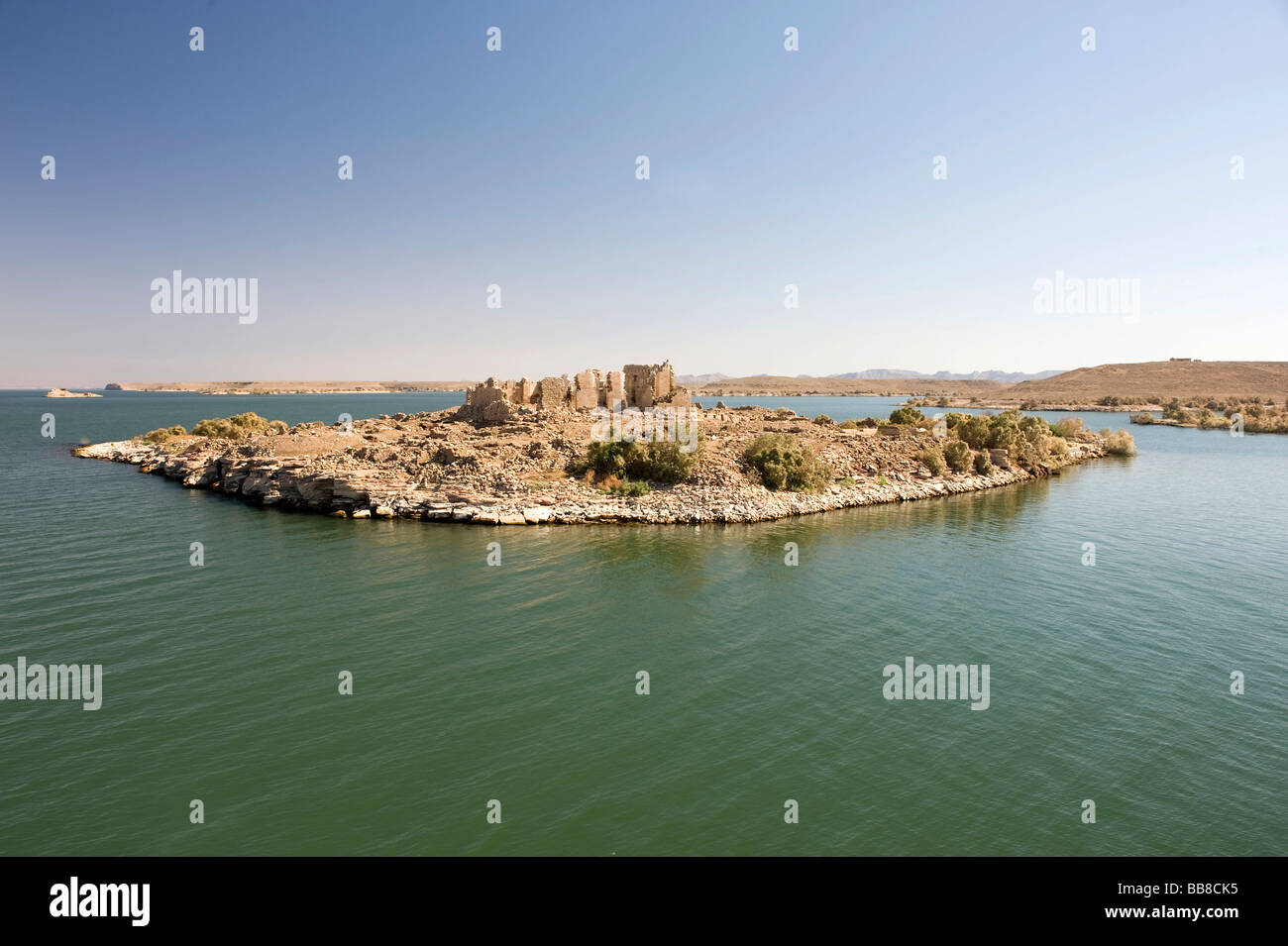 Island with ruins on Lake Nasser, former city of Qasr Ibrim, Lake ...