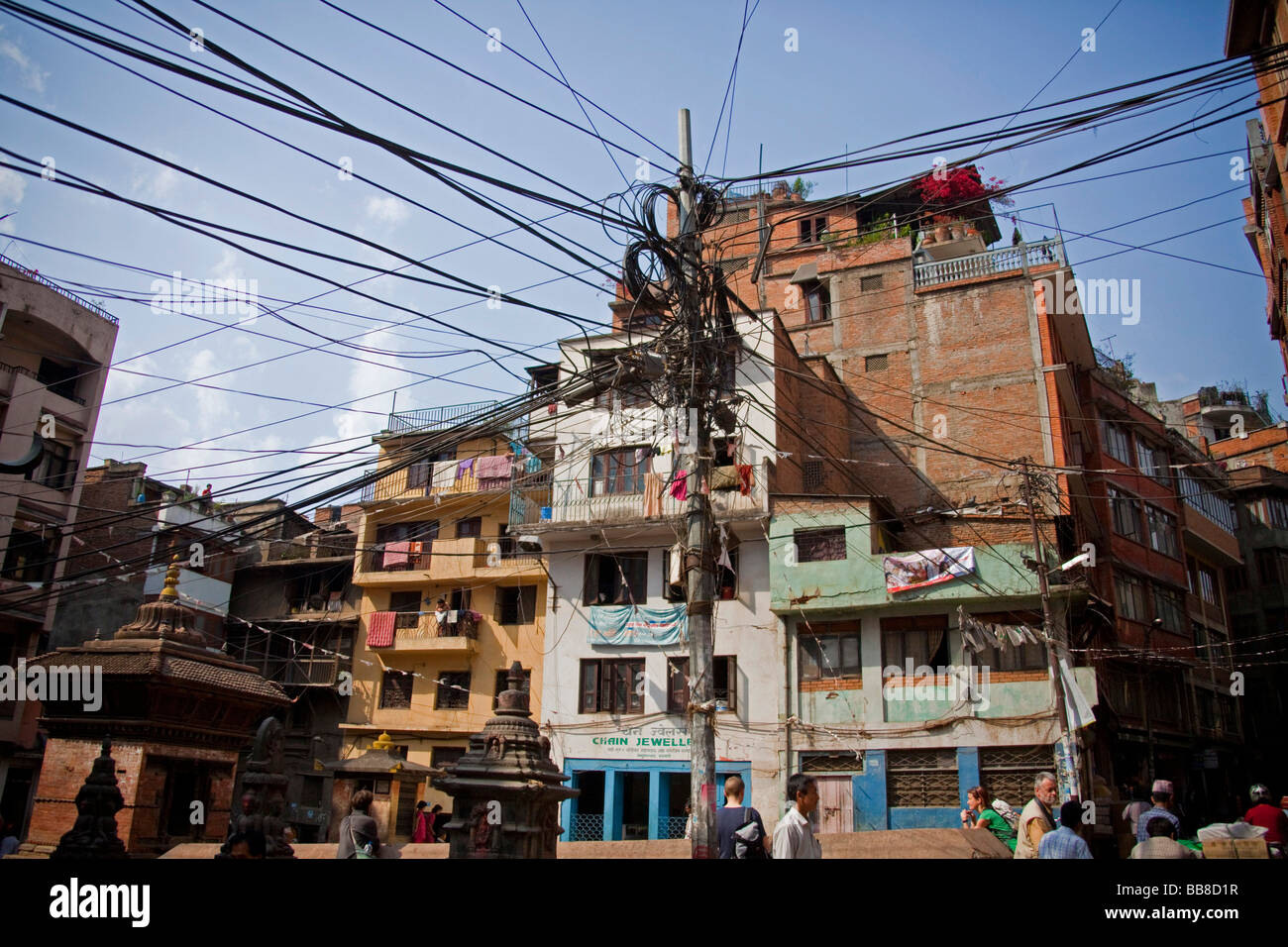 Electric and telephone wires on telegraph post in Kathmandu, Nepal ...