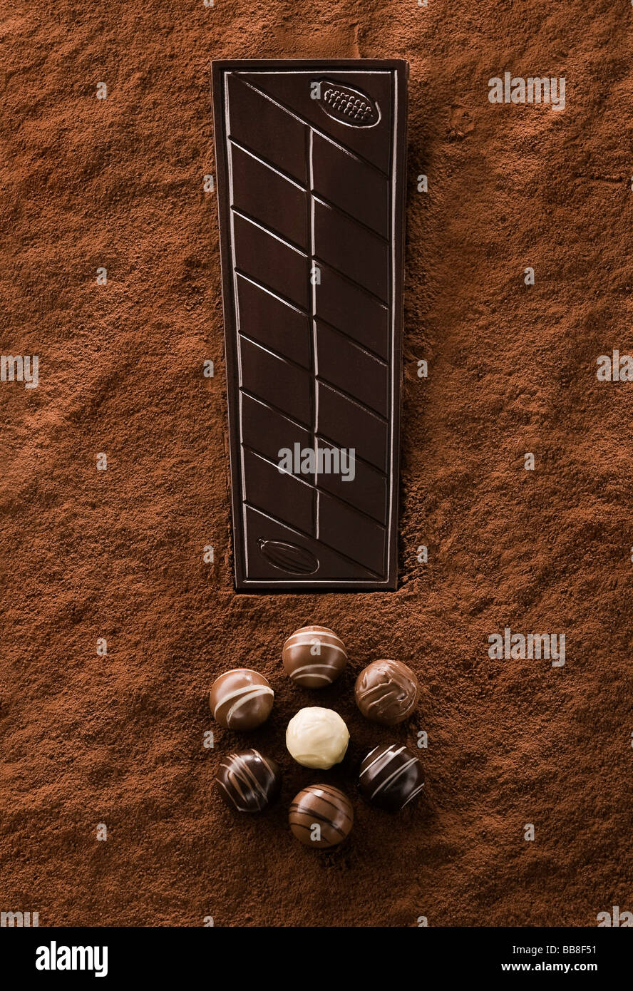 Exclamation point with Grand-Cru chocolate and chocolate truffles Stock ...