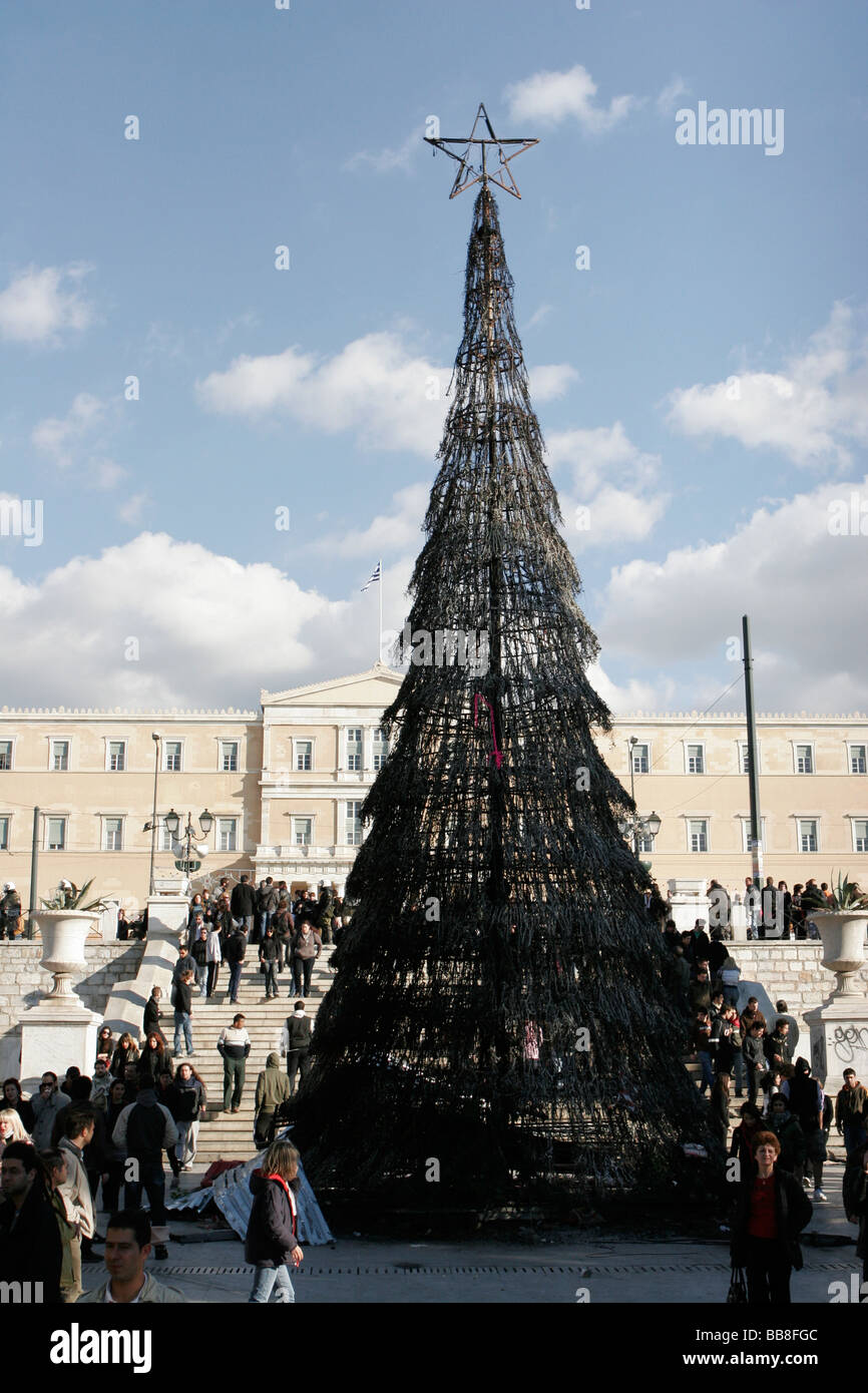 Burnt Christmas tree after the riots of December 2008 in Athens Greece ...